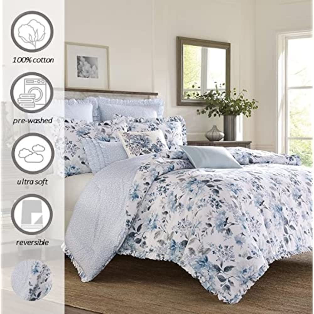 Laura Ashley Home - King Duvet Cover Set, Reversible Cotton Bedding with Matching Shams, Lightweight Home Decor for All Seasons (Chloe Blue, King)