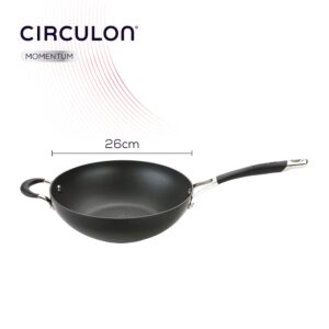 Circulon Momentum Wok Non Stick 26cm - Induction Wok Pan with Oven Safe Soft Grip Handles, Dishwasher Safe, Metal Utensil Safe Durable Cookware, Deep Stir Fry Pan, Black