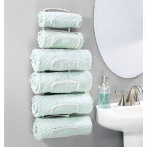 mDesign Steel Towel Holder for Bathroom Wall - Wall Mounted Organizer for Rolled Towels and Bath Robes - Six Level Wall Mount Towel Storage Rack - Bathroom Towel Organizer - Hyde Collection - White