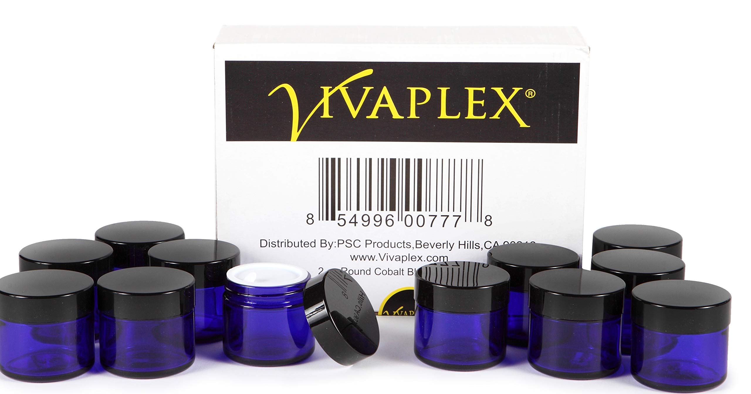 Vivaplex, 12, Cobalt Blue, 2 oz, Round Glass Jars, with Inner Liners and black Lids