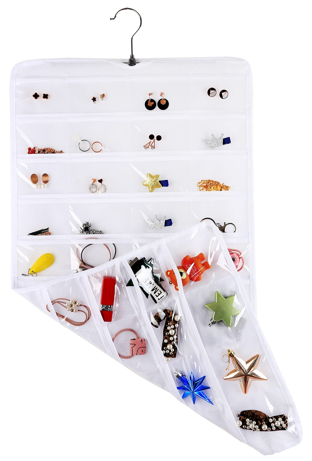 AARAINBOW Hanging Jewelry Organizer Dual-Sided Closet Accesoory Organizer with 80 Pockets Jewelry Hanger for Earrings, Necklaces, Rings on Closet, Wall, Door (White)