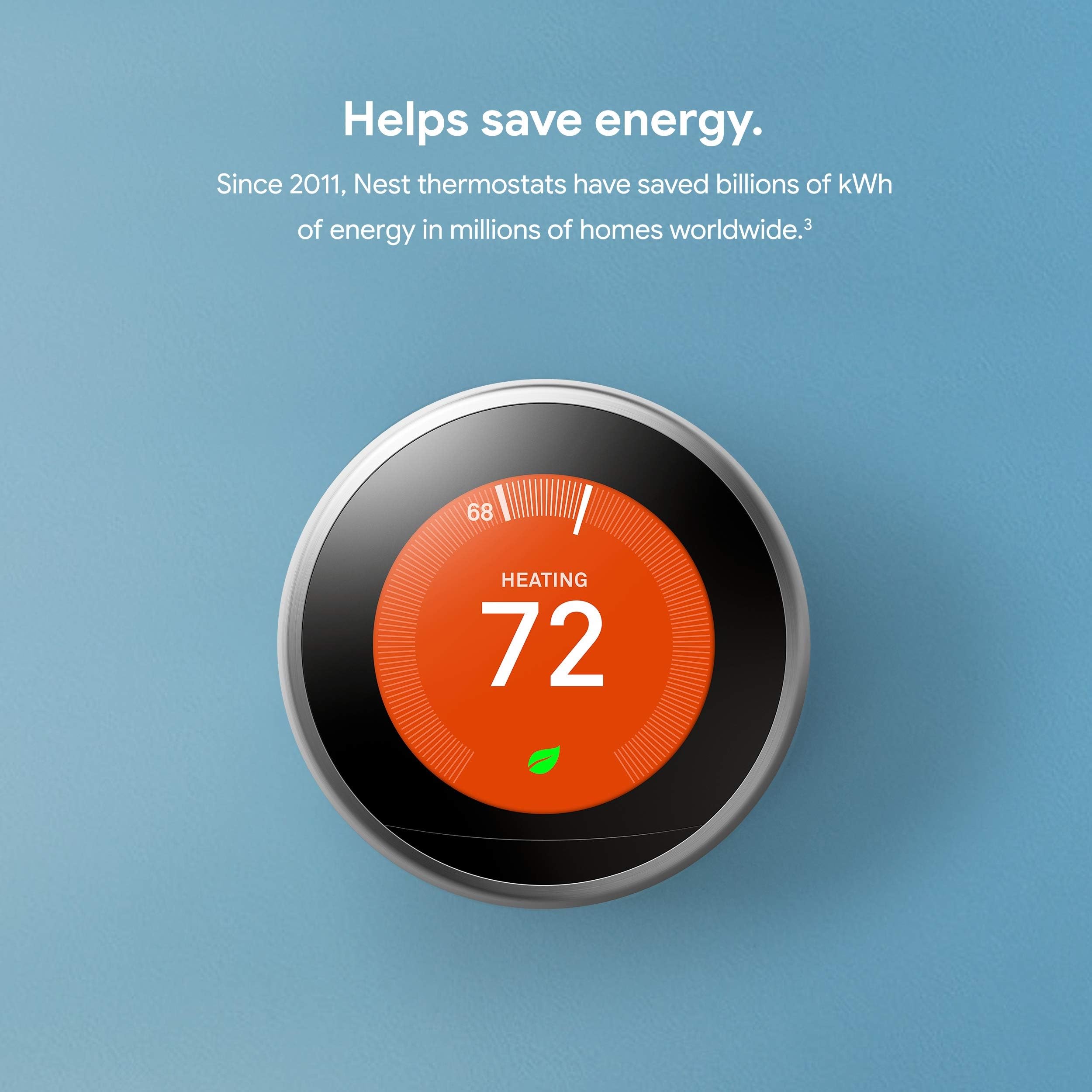 Google Nest Learning Thermostat - 3rd Gen (2015) - Programmable Smart Thermostat for Home - Works with Alexa - Polished Steel