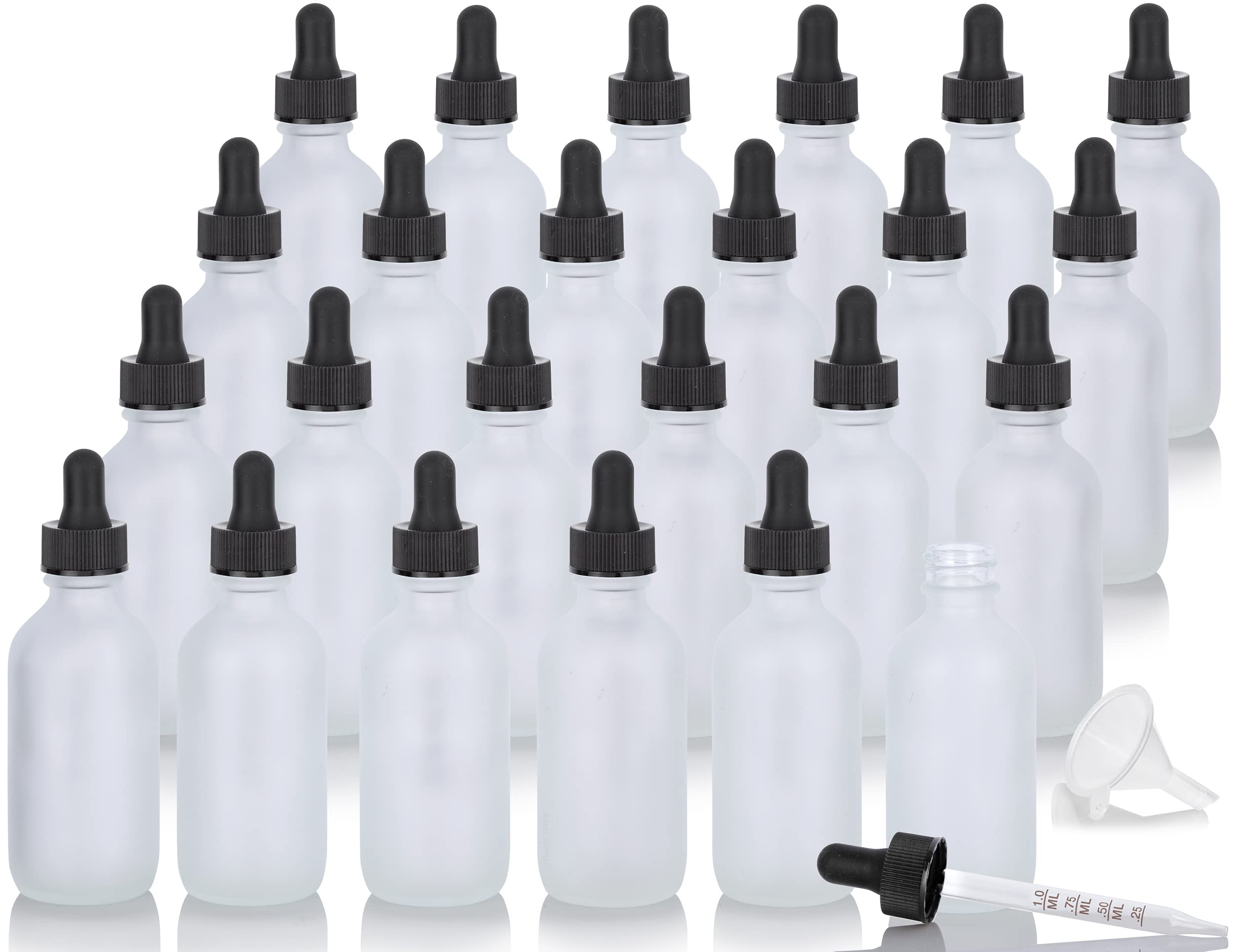 JUVITUS 2 oz Frosted Clear Glass Boston Round Bottle with Black Graduated Measurement Dropper (24 pack) + Funnel