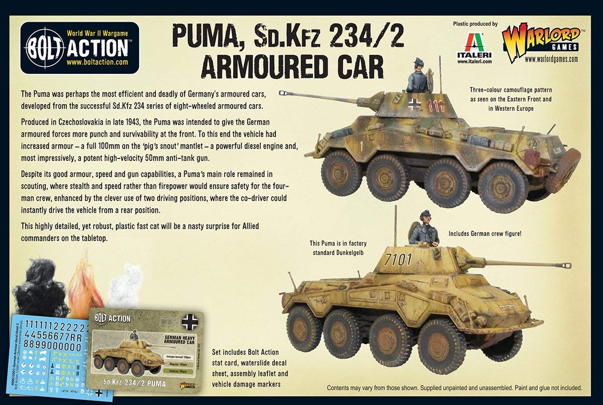 WarLord Bolt Action Puma Sd.Kfz 234/2 Armored Car 1:56 WWII Military Wargaming Plastic Model Kit, Small