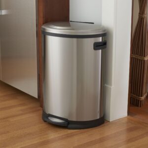 Design Trend 50 Liter, Silver Oval Stainless Steel Step Trash Can with Soft Close Lid and Handles 13 Gallon