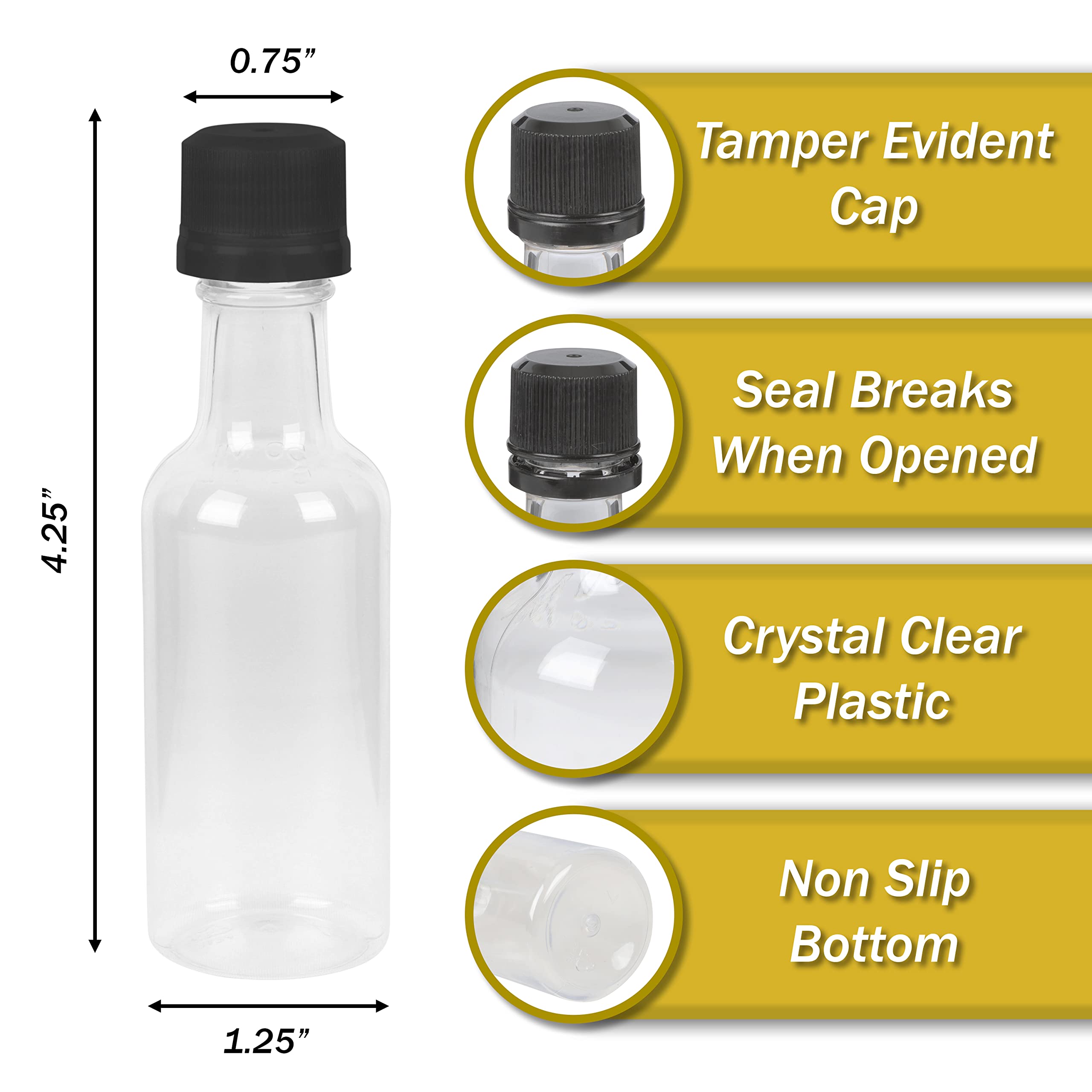 PELLAH GOODS 50 ml (1.7 Oz.) Premium Quality Round PET clear small plastic bottle with temper evident caps, Food Grade Made In USA (Black caps - 120 Bottles)