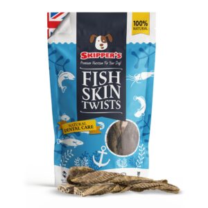 skipper's cod fish skin twists dog chews - 100% fish skin grain free treats for dogs, high in protein & low in fat, essential omega 3 oils | great for teeth (short, 2.5 oz)