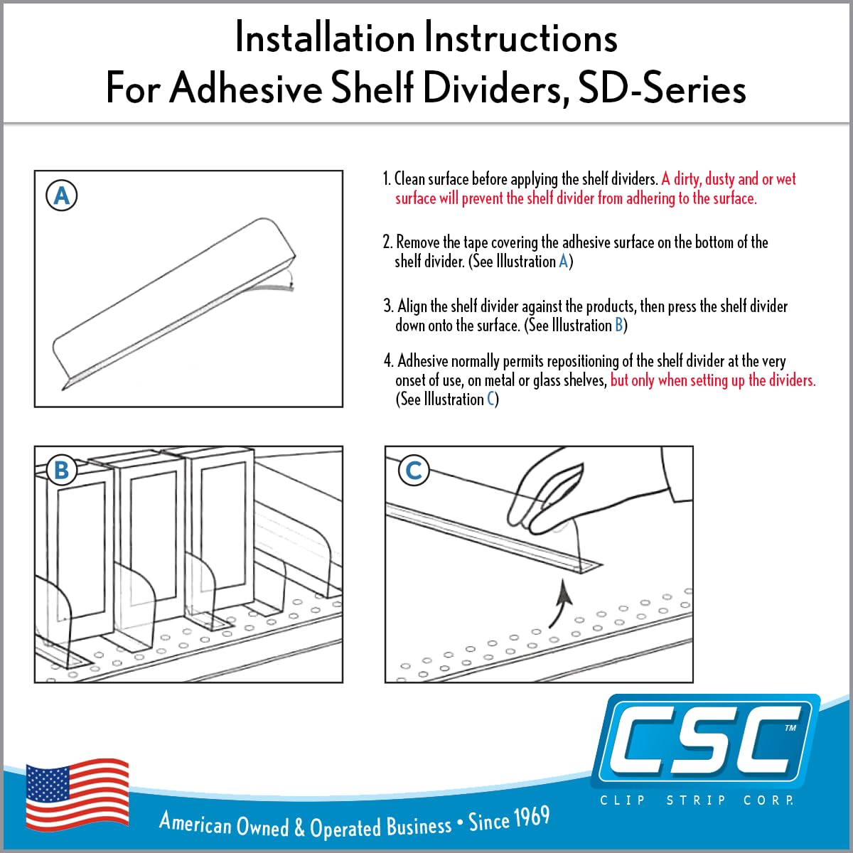 Clip Strip Shelf Dividers for Retail Stores - Lightweight, Clear Adhesive Mount 1" H x 11-9/16" L Corp., 15 mil Crystal Clear PVC, Retail Shelf Separator, Item SD-1512, Pack of 50