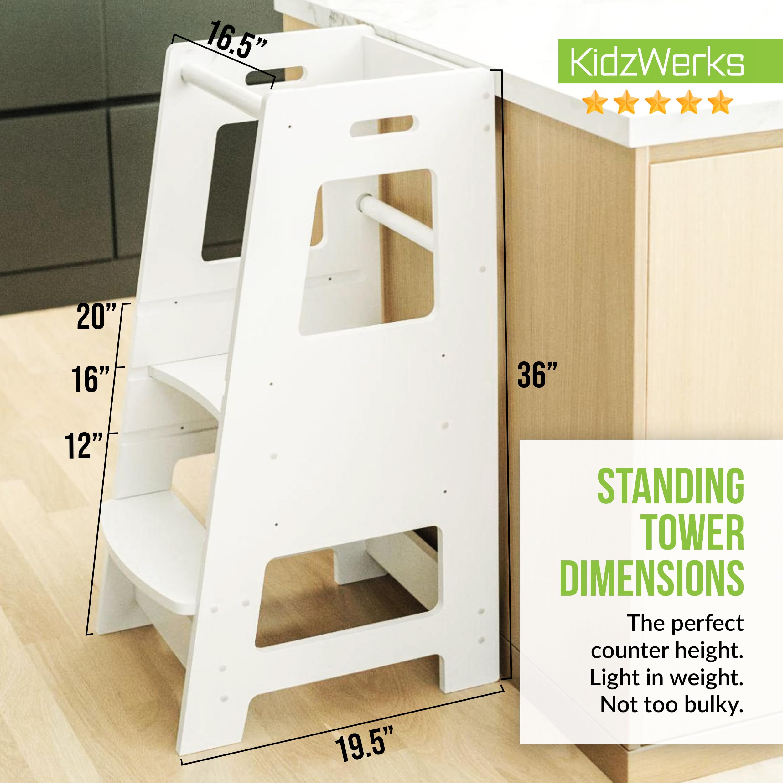 KidzWerks Child Standing Tower Kids Kitchen Step Stool Toddler Wood Stepping Stool - Children's Montessori Stool - Adjustable Platform, White