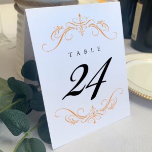 classic flourish wedding table numbers, orange, 1-35, double sided, tent or use in a stand, great for parties & restaurants - made in the usa