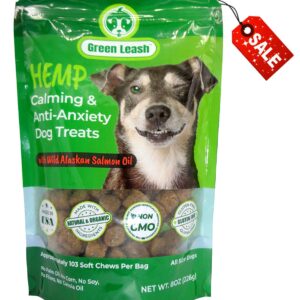 Green Leash~Hemp Oil and Seed Meal Calming Dog Treat, Anxiety Relief Aid with Wild Alaskan Salmon Oil.