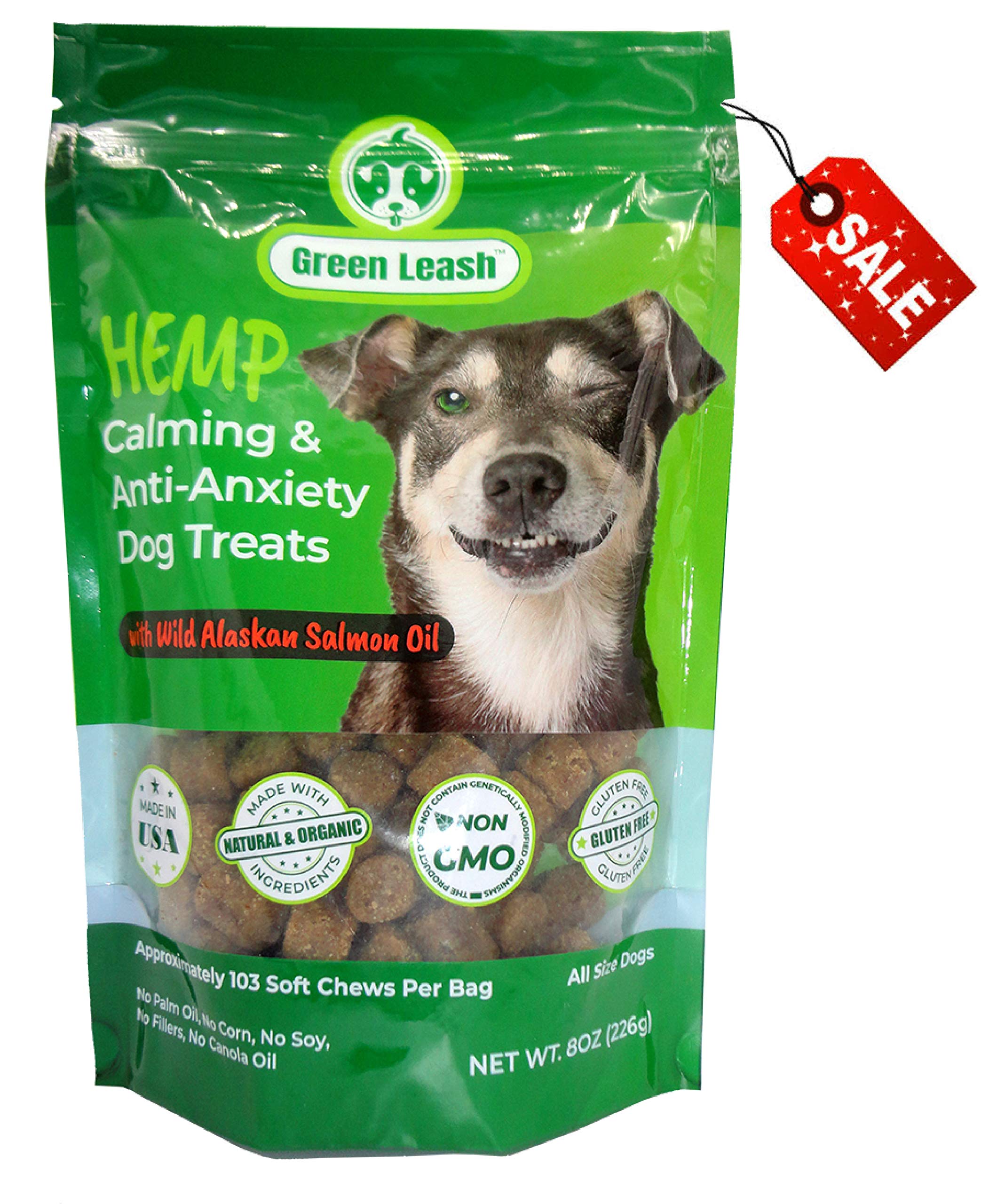 Green Leash~Hemp Oil and Seed Meal Calming Dog Treat, Anxiety Relief Aid with Wild Alaskan Salmon Oil.