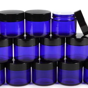 Vivaplex, 12, Cobalt Blue, 2 oz, Round Glass Jars, with Inner Liners and black Lids