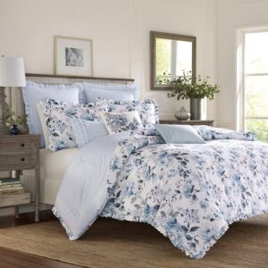 laura ashley home - king duvet cover set, reversible cotton bedding with matching shams, lightweight home decor for all seasons (chloe blue, king)