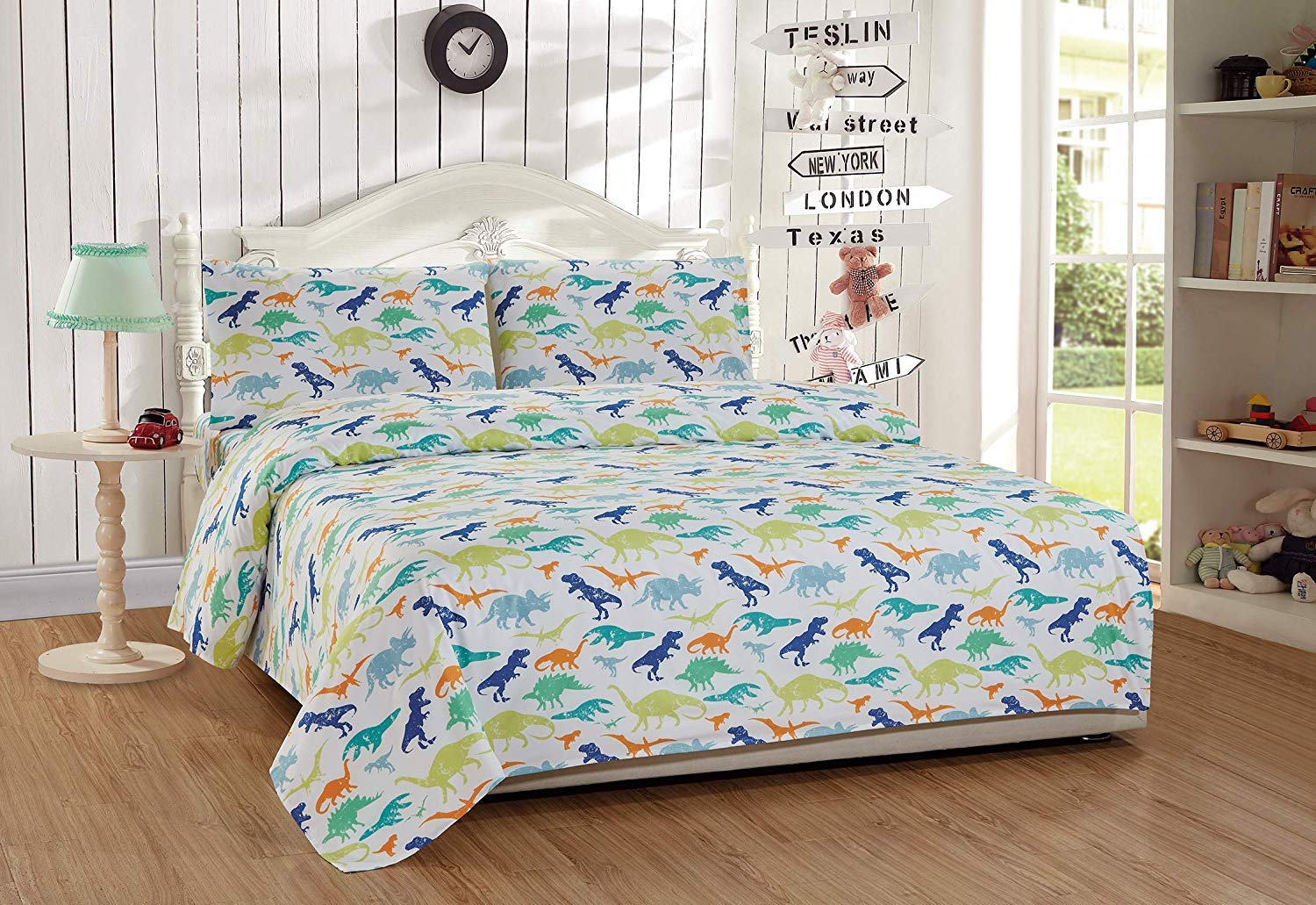 Linen Plus Sheet Set for Kids/Teens Boys Dinosaur Dinosaurs Jurassic Green Orange Blue White Flat Sheet and Fitted Sheet and Pillow Case Twin Size New