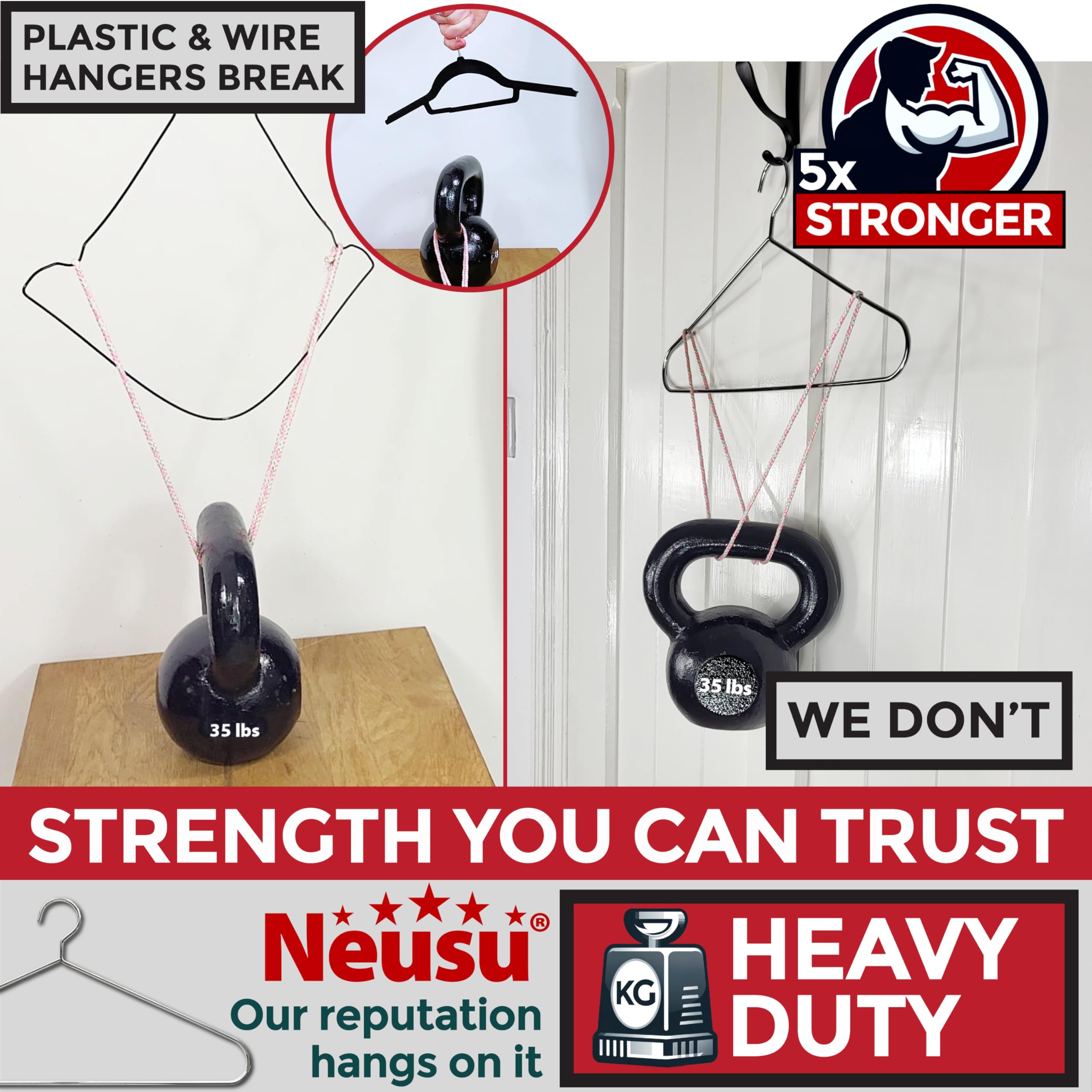 Neusu Heavy Duty Hangers - 5mm Solid Metal, Hold Over 35 Lbs, Extra Strong Coathangers for Heavy Clothes - Hotel Quality (10 Pack)