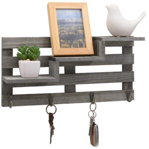 mygift wall mounted vintage gray wood entryway key holder rack and wall decor with 3 tier stair display shelf