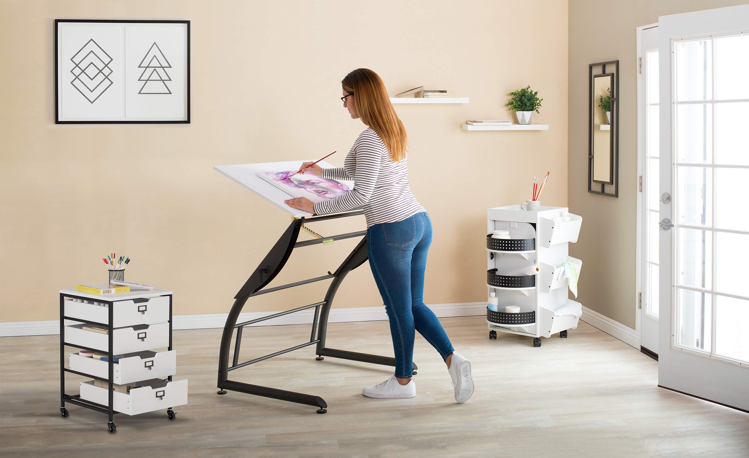 SD STUDIO DESIGNS Triflex Drawing Table, Sit to Stand Up Adjustable Office Home Computer Desk, 35.25" W X 23.5" D, Charcoal Black/White