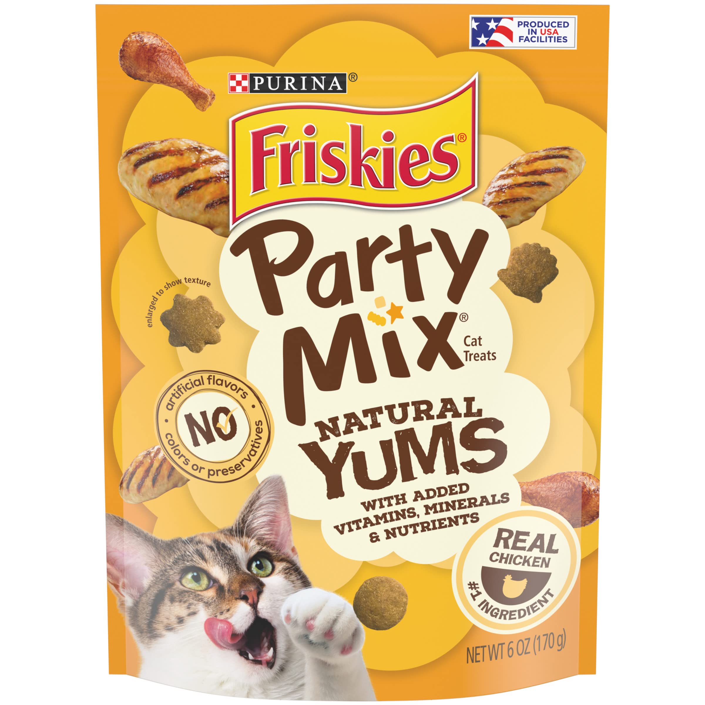 Purina Friskies Natural Cat Treats, Party Mix Natural Yums With Real Chicken & Vitamins, Minerals & Nutrients - (Pack of 6) 6 oz. Pouches