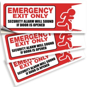 isyfix emergency exit only stickers – 3 pack 10x4 inch – premium self-adhesive vinyl, laminated uv, weather, scratch, water & fade resistance, security alarm will sound if door is opened sign