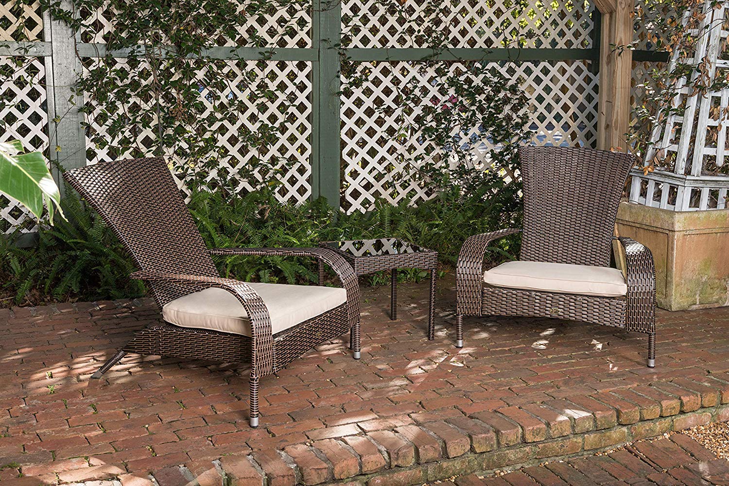 Patio Sense 62966 Coconino Wicker Conversation Set Lightweight & Durable Adirondack Style Chairs All Weather Wicker Includes Khaki Cushions - Mocha