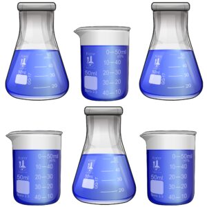 laboratory shot glass set, 6 pieces, 50ml beakers and 50ml flasks, borosilicate glass, karter scientific 233v2