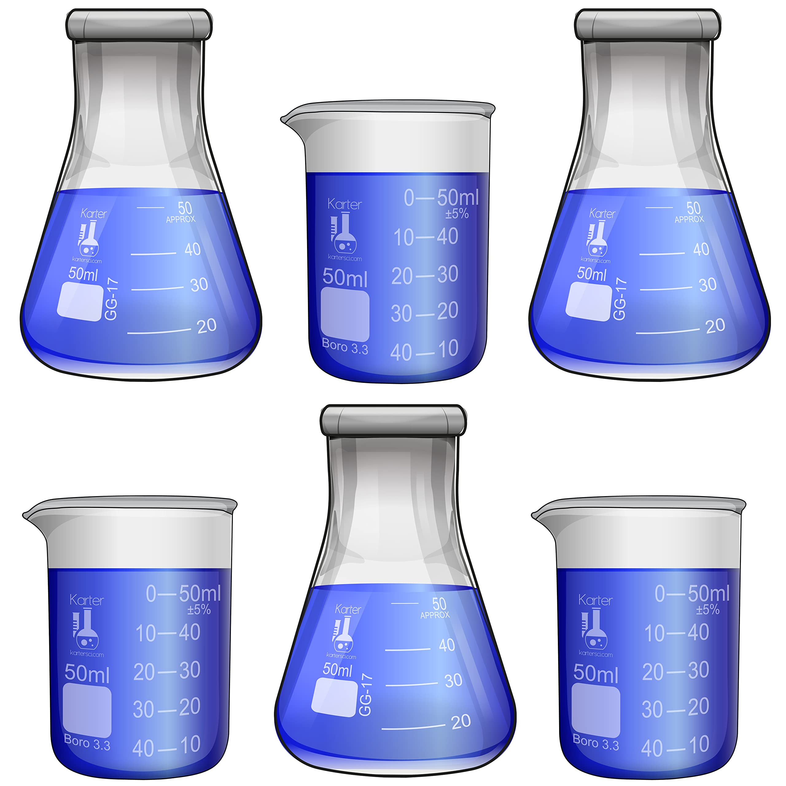 Laboratory Shot Glass Set, 6 Pieces, 50ml Beakers and 50ml Flasks, Borosilicate Glass, Karter Scientific 233V2