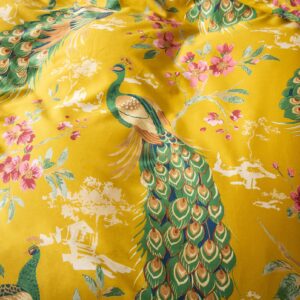 Eikei Chinoiserie Chic Peacock Floral Duvet Cover Paradise Garden Botanical Bird and Tree Branches Vintage Stylized Long Staple Cotton Bedding Set (Queen, Citrine)