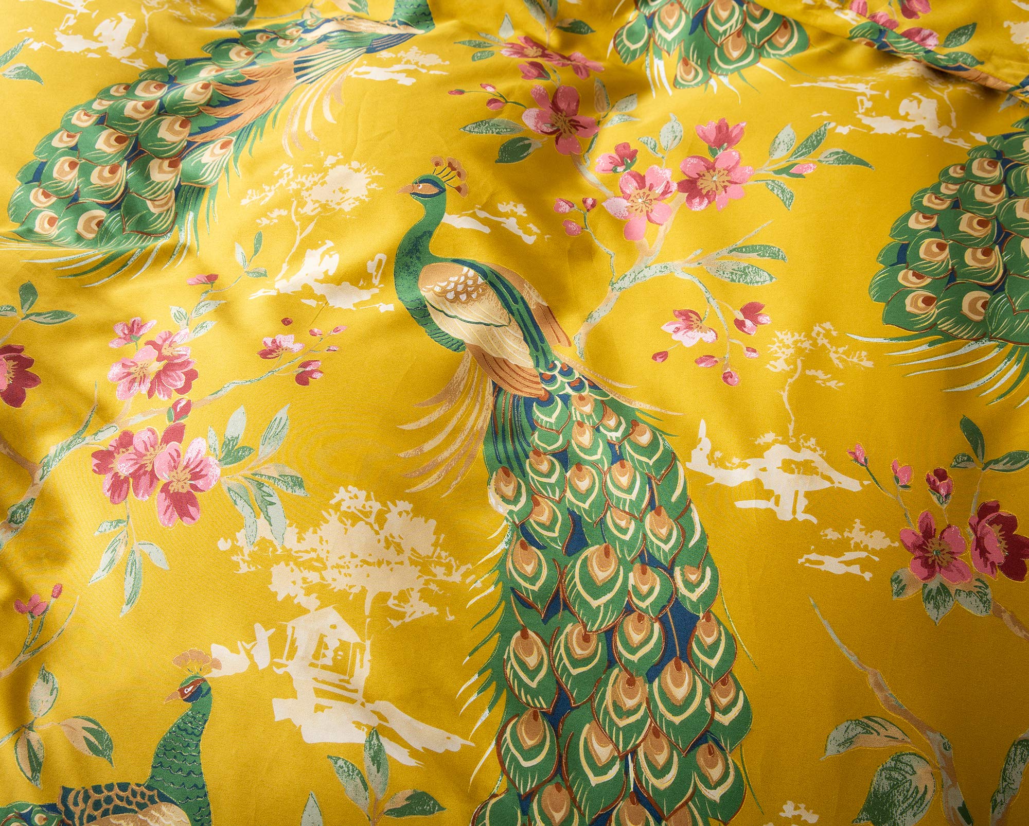 Eikei Chinoiserie Chic Peacock Floral Duvet Cover Paradise Garden Botanical Bird and Tree Branches Vintage Stylized Long Staple Cotton Bedding Set (Queen, Citrine)