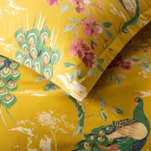 Eikei Chinoiserie Chic Peacock Floral Duvet Cover Paradise Garden Botanical Bird and Tree Branches Vintage Stylized Long Staple Cotton Bedding Set (Queen, Citrine)