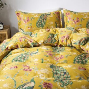 Eikei Chinoiserie Chic Peacock Floral Duvet Cover Paradise Garden Botanical Bird and Tree Branches Vintage Stylized Long Staple Cotton Bedding Set (Queen, Citrine)