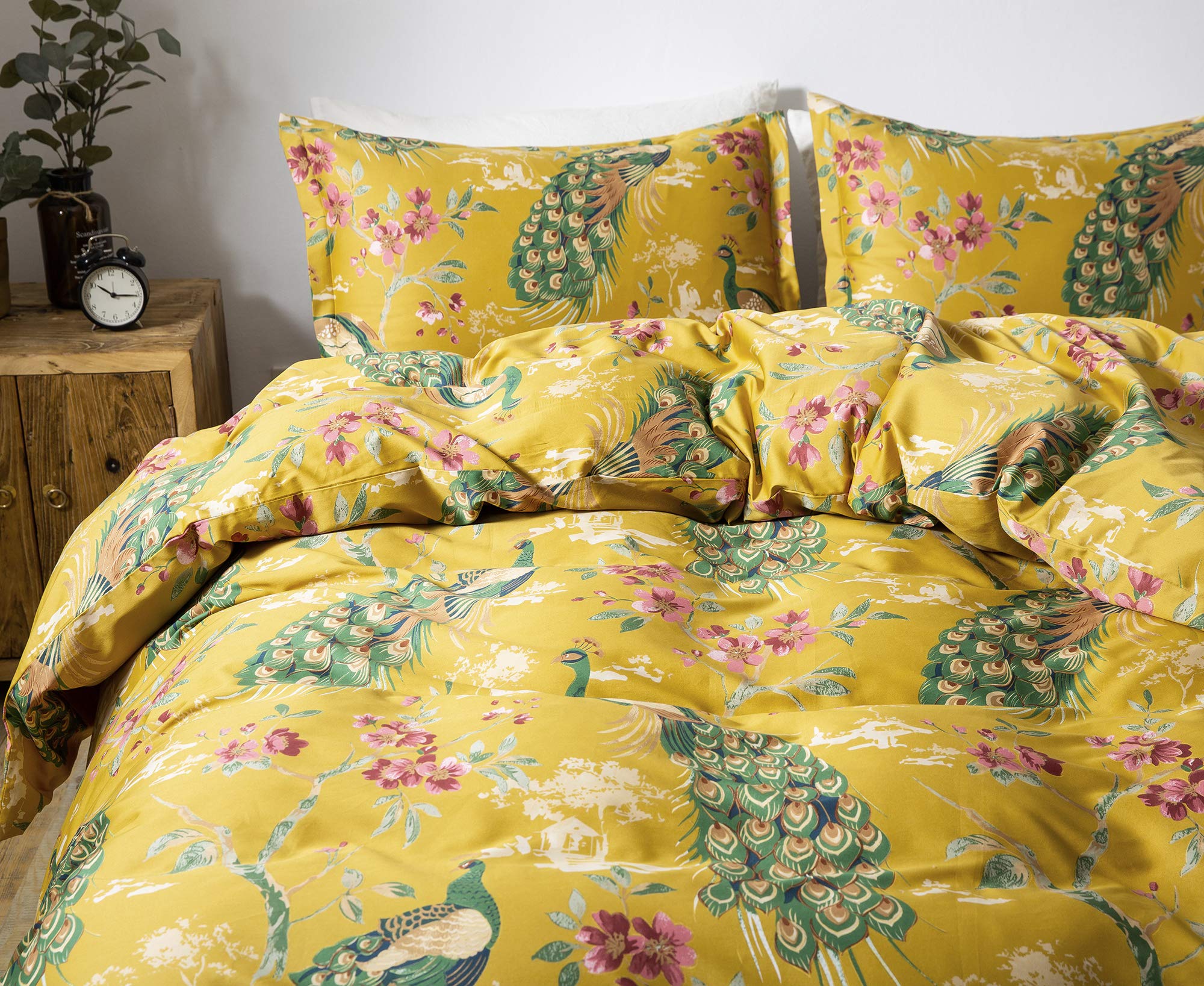 Eikei Chinoiserie Chic Peacock Floral Duvet Cover Paradise Garden Botanical Bird and Tree Branches Vintage Stylized Long Staple Cotton Bedding Set (Queen, Citrine)