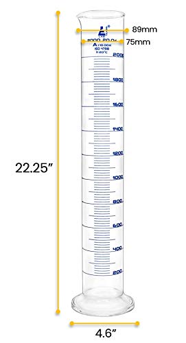 EISCO Graduated Cylinder, 2000ml - Class A Tolerance ±10.0ml - Round Base - Blue Graduations - Borosilicate 3.3 Glass