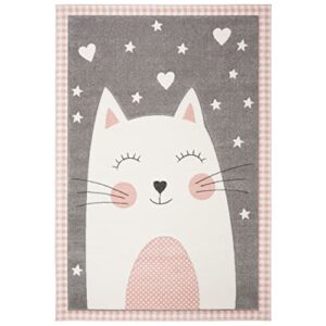 safavieh carousel kids collection accent rug - 4' x 6', pink & grey, cat design, non-shedding & easy care, ideal for high traffic areas for boys & girls in playroom, nursery, bedroom (crk134p)