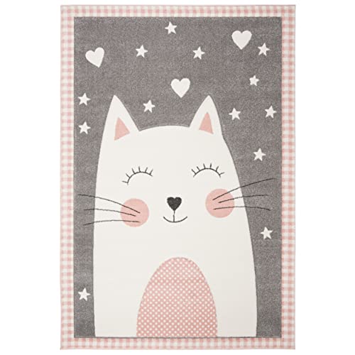 SAFAVIEH Carousel Kids Collection Accent Rug - 4' x 6', Pink & Grey, Cat Design, Non-Shedding & Easy Care, Ideal for High Traffic Areas for Boys & Girls in Playroom, Nursery, Bedroom (CRK134P)