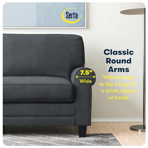 Serta Copenhagen 61" Rolled Arm Sofa, Easy Care Polyester, Soft Pillow Back, Pocket Coil Seat Cushions, Removable Covers, Loveseat or Couch for Small Spaces, Living Rooms or Bedrooms, Charcoal