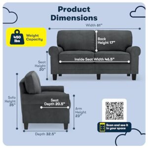 Serta Copenhagen 61" Rolled Arm Sofa, Easy Care Polyester, Soft Pillow Back, Pocket Coil Seat Cushions, Removable Covers, Loveseat or Couch for Small Spaces, Living Rooms or Bedrooms, Charcoal