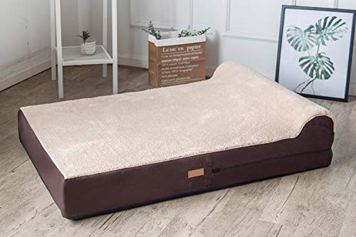 KOPEKS Jumbo Orthopedic Dog Bed - 7-inch Thick Memory Foam Pet Bed with Pillow with Removable Cover & Free Waterproof Liner - for Large Breed Dogs, XL, Brown-Plush Top