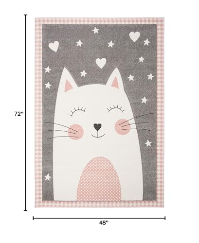 SAFAVIEH Carousel Kids Collection Accent Rug - 4' x 6', Pink & Grey, Cat Design, Non-Shedding & Easy Care, Ideal for High Traffic Areas for Boys & Girls in Playroom, Nursery, Bedroom (CRK134P)