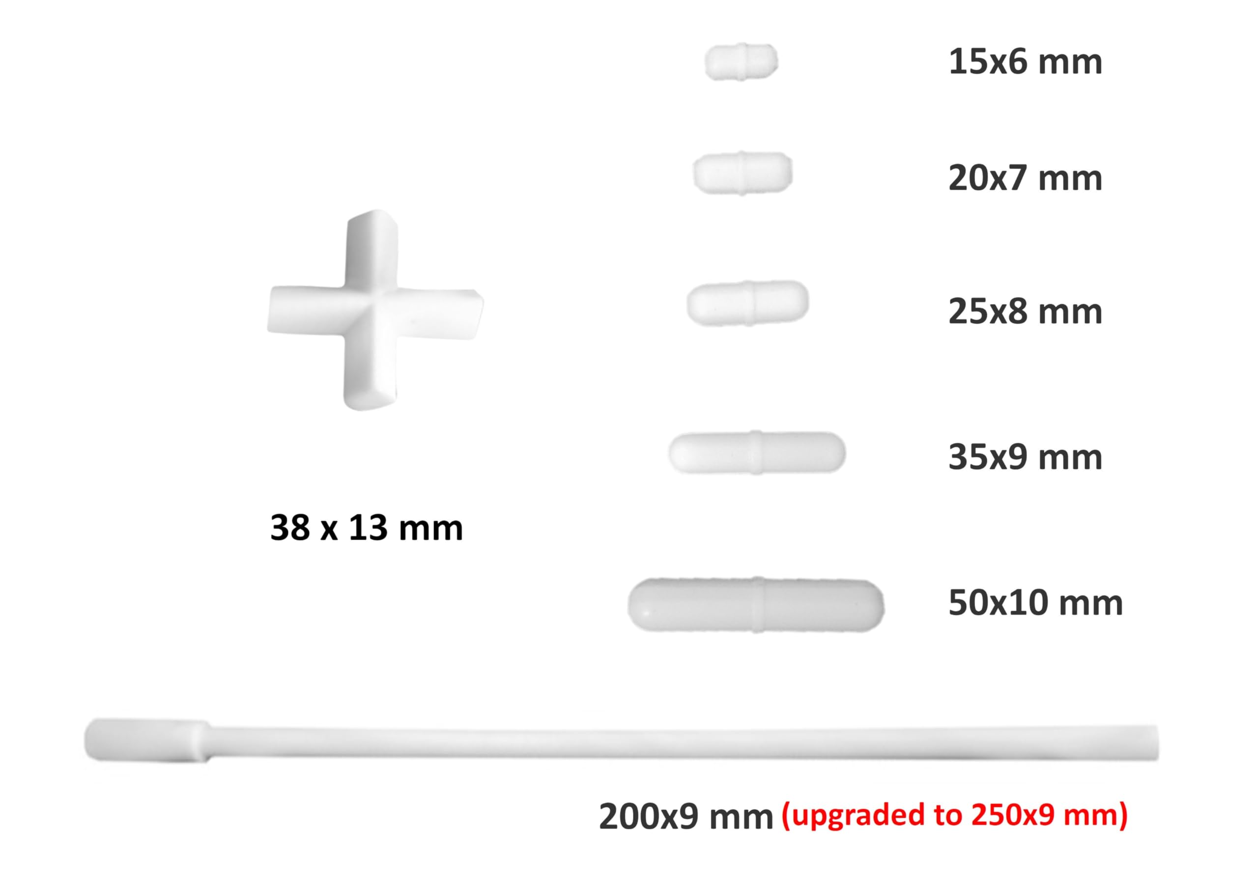 Microyn 7pcs PTFE Stir Bars Set for Magnetic Stirrer Mixer (Five Straight Bars of 15,20,25 35 and 50 mm, One Cross-Shaped Bar of 38 mm, and One Stir Bar Retriever of 250 mm)