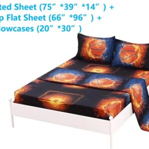 SDIII 4Pcs Fiery Basketball Sheet Set Twin, Basketball with Special Effects Sheet Set, Super Soft Microfiber, Wrinkle and Fade Resistant, for Boys Men and Basketball Sports Lovers, Twin