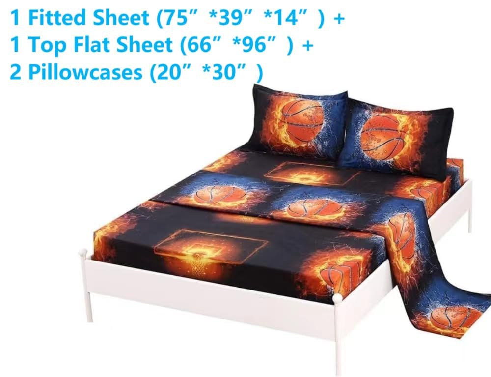 SDIII 4Pcs Fiery Basketball Sheet Set Twin, Basketball with Special Effects Sheet Set, Super Soft Microfiber, Wrinkle and Fade Resistant, for Boys Men and Basketball Sports Lovers, Twin