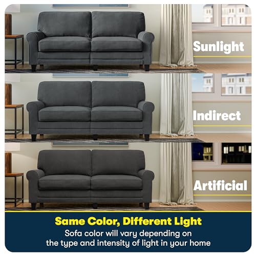 Serta Copenhagen 61" Rolled Arm Sofa, Easy Care Polyester, Soft Pillow Back, Pocket Coil Seat Cushions, Removable Covers, Loveseat or Couch for Small Spaces, Living Rooms or Bedrooms, Charcoal