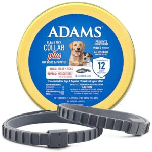 adams flea & tick collar plus for dogs & puppies |2 pack |12-month protection |one size fits all dogs & puppies 12 weeks and older |kills fleas and ticks |repels mosquitoes (excluding california)