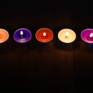 Tea Lights Candles, 50 Pack Flameless Colorful Tealights Holder Variety Relaxing Paraffin Pressed Wax 2 Hours Burn Time for Travel,Centerpiece,Party Gift Happy Birthday New Year Wedding (Purple)