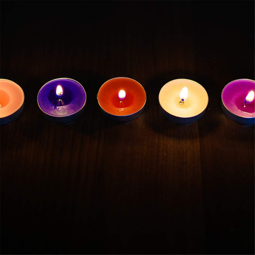 Tea Lights Candles, 50 Pack Flameless Colorful Tealights Holder Variety Relaxing Paraffin Pressed Wax 2 Hours Burn Time for Travel,Centerpiece,Party Gift Happy Birthday New Year Wedding (Purple)