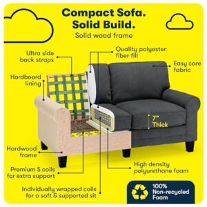 Serta Copenhagen 61" Rolled Arm Sofa, Easy Care Polyester, Soft Pillow Back, Pocket Coil Seat Cushions, Removable Covers, Loveseat or Couch for Small Spaces, Living Rooms or Bedrooms, Charcoal