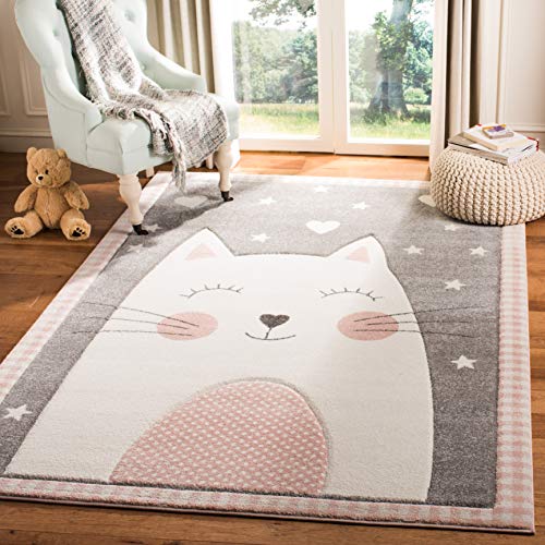 SAFAVIEH Carousel Kids Collection Accent Rug - 4' x 6', Pink & Grey, Cat Design, Non-Shedding & Easy Care, Ideal for High Traffic Areas for Boys & Girls in Playroom, Nursery, Bedroom (CRK134P)