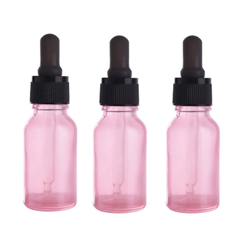 3Pcs Pink Glass Essential Oil Dropper Bottles Containers Empty Round Bottles with Glass Eye Dropper Dispenser for Transfer Storing Oils Perfume Aromatherapy Lotion Cosmetic Sample Liquid (15ML)