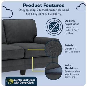 Serta Copenhagen 61" Rolled Arm Sofa, Easy Care Polyester, Soft Pillow Back, Pocket Coil Seat Cushions, Removable Covers, Loveseat or Couch for Small Spaces, Living Rooms or Bedrooms, Charcoal